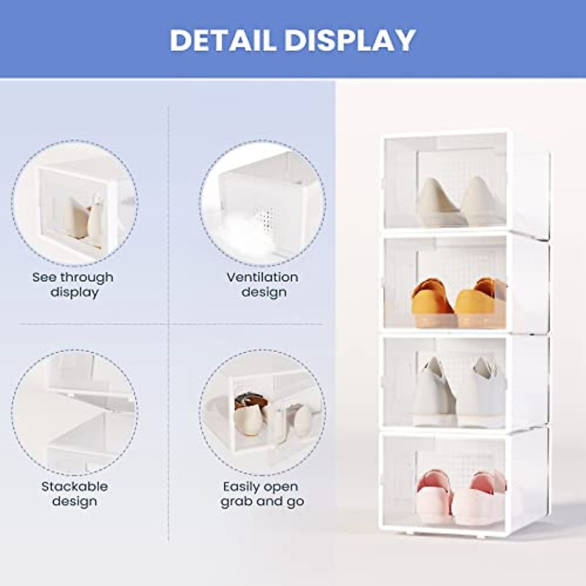 Pellebant Shoe Boxes Clear Plastic Stackable,24 Pack Shoe Storage Boxes Fit up to US Size 14,X-large/White