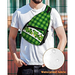 Sling Backpack, St. Patrick's Day Lucky Clover Green Buffalo Plaid Waterproof Lightweight Small Sling Bag, Travel Chest Bag Crossbody Shoulder Bag Hiking Daypack for Women Men