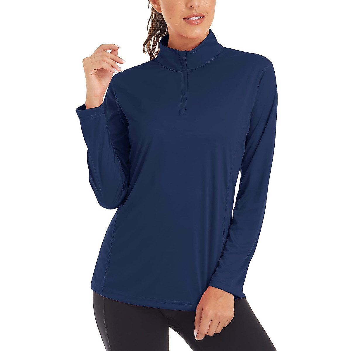 MAGCOMSEN Women's Long Sleeve Half Zip Running Shirt, Regular Fit High Neck Hiking & Golf Polyester Top - Navy