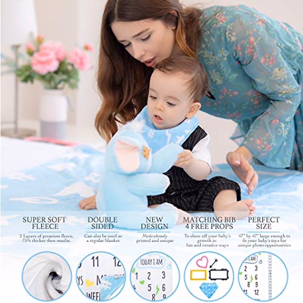 MeBlanky Baby Milestone Blanket-3X Fluffier Newborn Monthly Milestone Blanket-2in1-Swaddle ?n? Photo - 47?x47? Super Soft Fleece First Year Baby Blanket-Blue Photo Blanket for Baby Boys or Girls