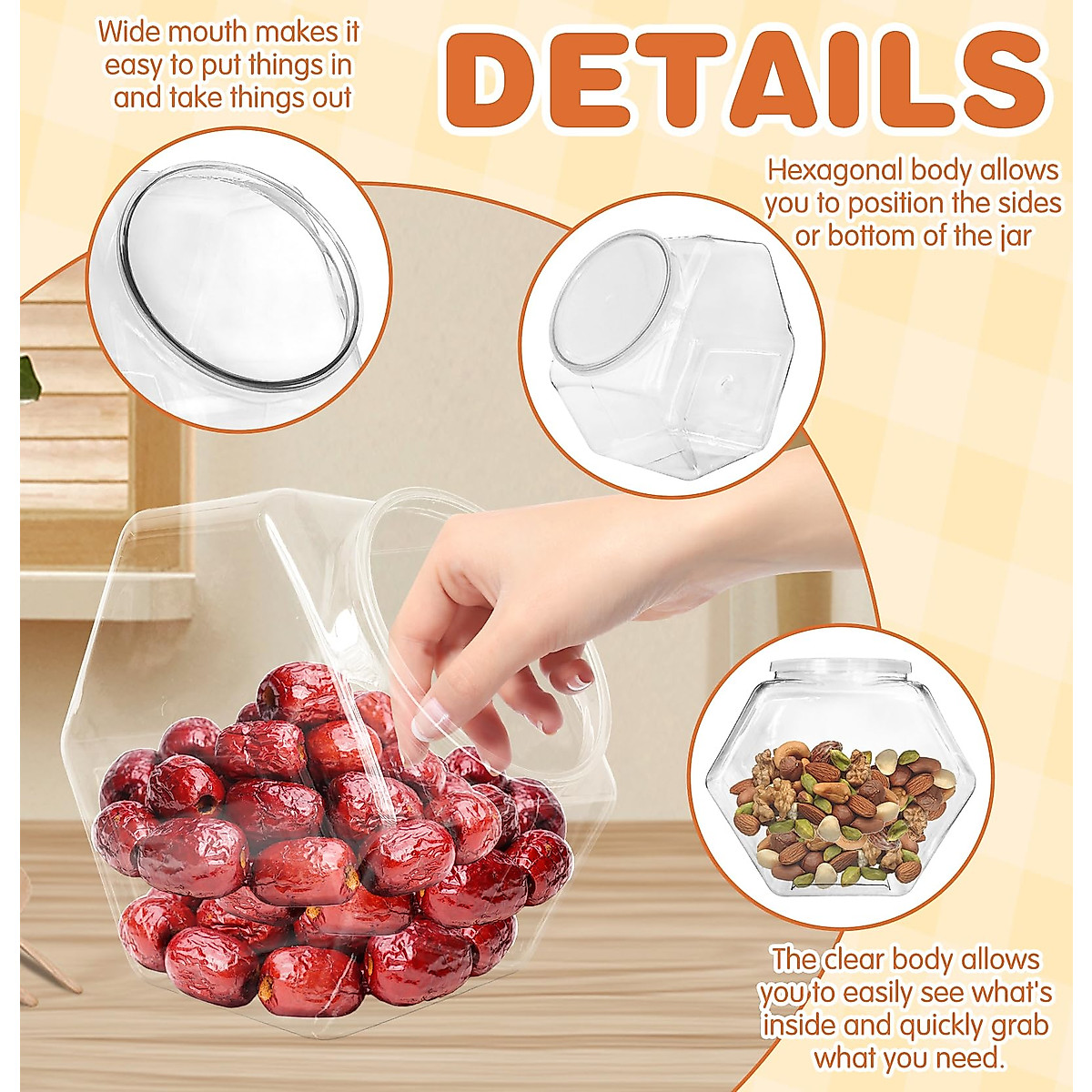 Woozettn 3 Pcs Plastic Candy Jars,Clear Cookie Jars 71 Oz for Kitchen Counter,Hexagon Cookie Jars with Lids,Plastic Dry Food Jar for Candy Buffet