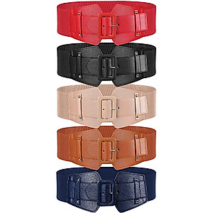 SATINIOR 5 Pieces Wide Belts for Women Dresses Wide Cinch Vintage Black Fashion Thick Stretch Leather Stretch Belts Elastic Dress Waistband Women Girls Black, Camel, Blue, Beige, Red, General Size