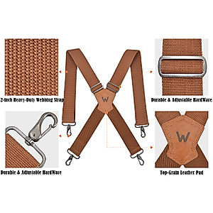 WELKINLAND Brown 2 inch wide suspenders, Heavy duty work suspenders, Swivel suspenders, Thick suspenders, Work suspenders for men, Suspenders swivel hook, Suspenders with belt loops