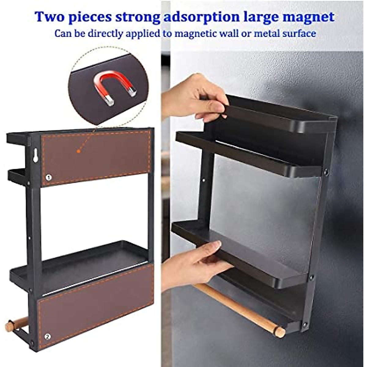 Magnetic Spice Rack, Magnetic Shelf with Paper Towel Holder 2 Tier Kitchen Refrigerator Storage Rack Fridge Magnet Organizer(Black, Medium)