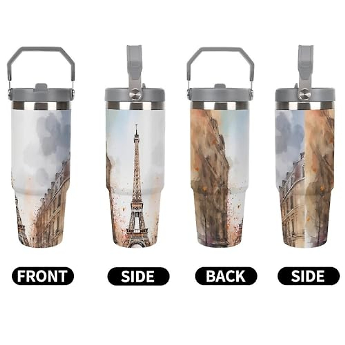BWQJKUO Large Capacity Car Cup 30 Oz Stainless Steel Watercolor Paris Printed Travel Mug Leak-proof Flip Straw Tumbler with Handle,keeps Cold Or Ho