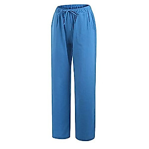 ZunFeo Women's Casual Linen Pants Smocked Waist Wide Leg Loose Fit Trousers Drawstring Palazzo Pants Summer Vacation Wear D-Blue