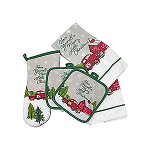 Christmas Pot Holders with Oven Mitt and Christmas Kitchen Towels Sets (Red Truck Design), Christmas Oven Mitts, Pot Holders and Oven Mitts Sets, Christmas Oven Mitts and Pot Holders