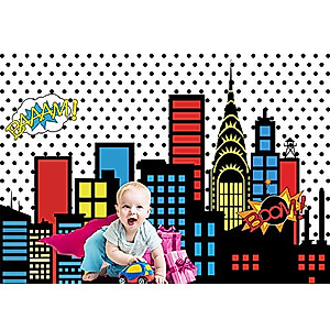 Art Studio 5x3ft Superhero Super City Photography Backdrops Skyline Buildings City Boom Photo Background Children Birthday Party Banner Photo Studio Booth Cake Table Decor Vinyl