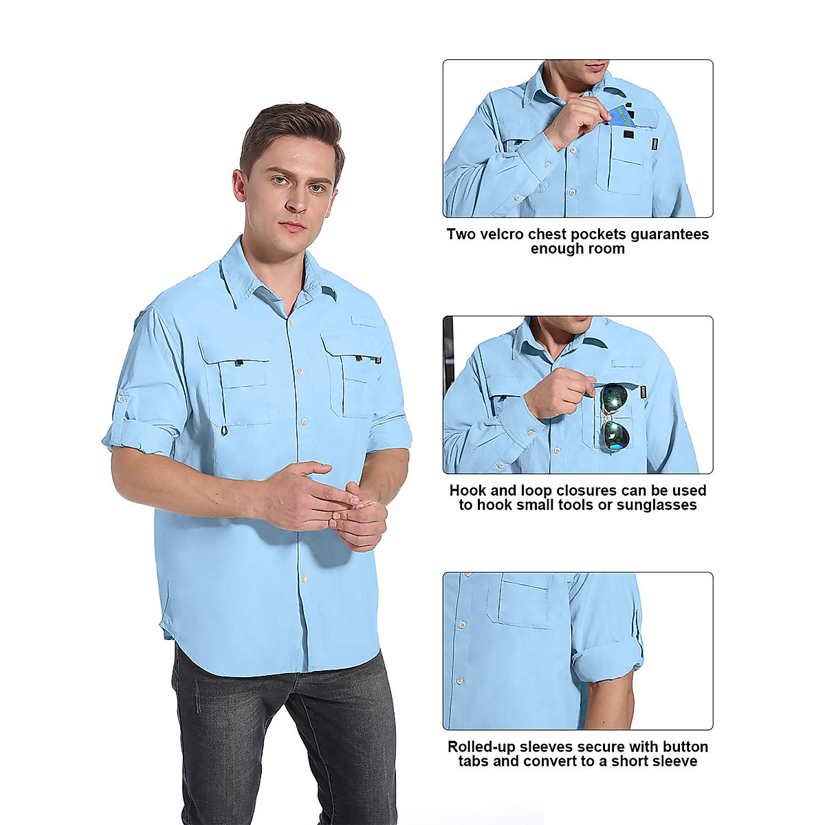 NOMINATE Mens Long Sleeve Fishing Shirts UPF 50+ UV Protection Sun Shirts Quick Drying Hiking Lightweight Blue