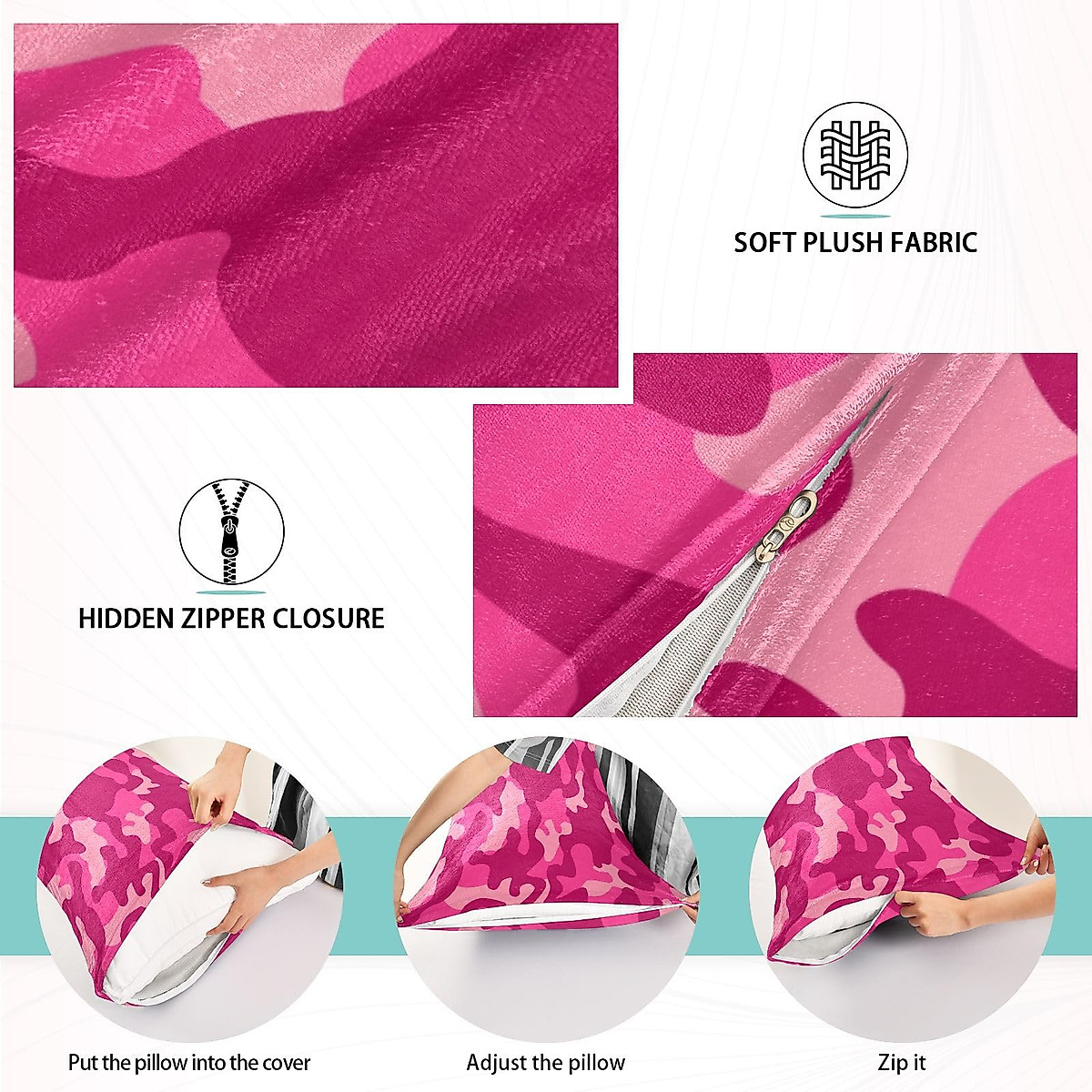 Pink Camo Pillowcase for Hair and Skin Body Pillow Cover Pillow Case Queen Size 20"X 30" Pillow Case Protector with Zipper for Body Pillows