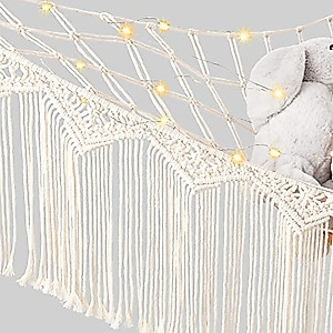 Mkono Stuffed Animal Hammock Macrame Toy Storage Organizer with Lights and Tassels Boho Hanging Stuff Animals Net Large Capability Corner Toys Display Holder for Nursery Kid Room Playroom, 1 piece