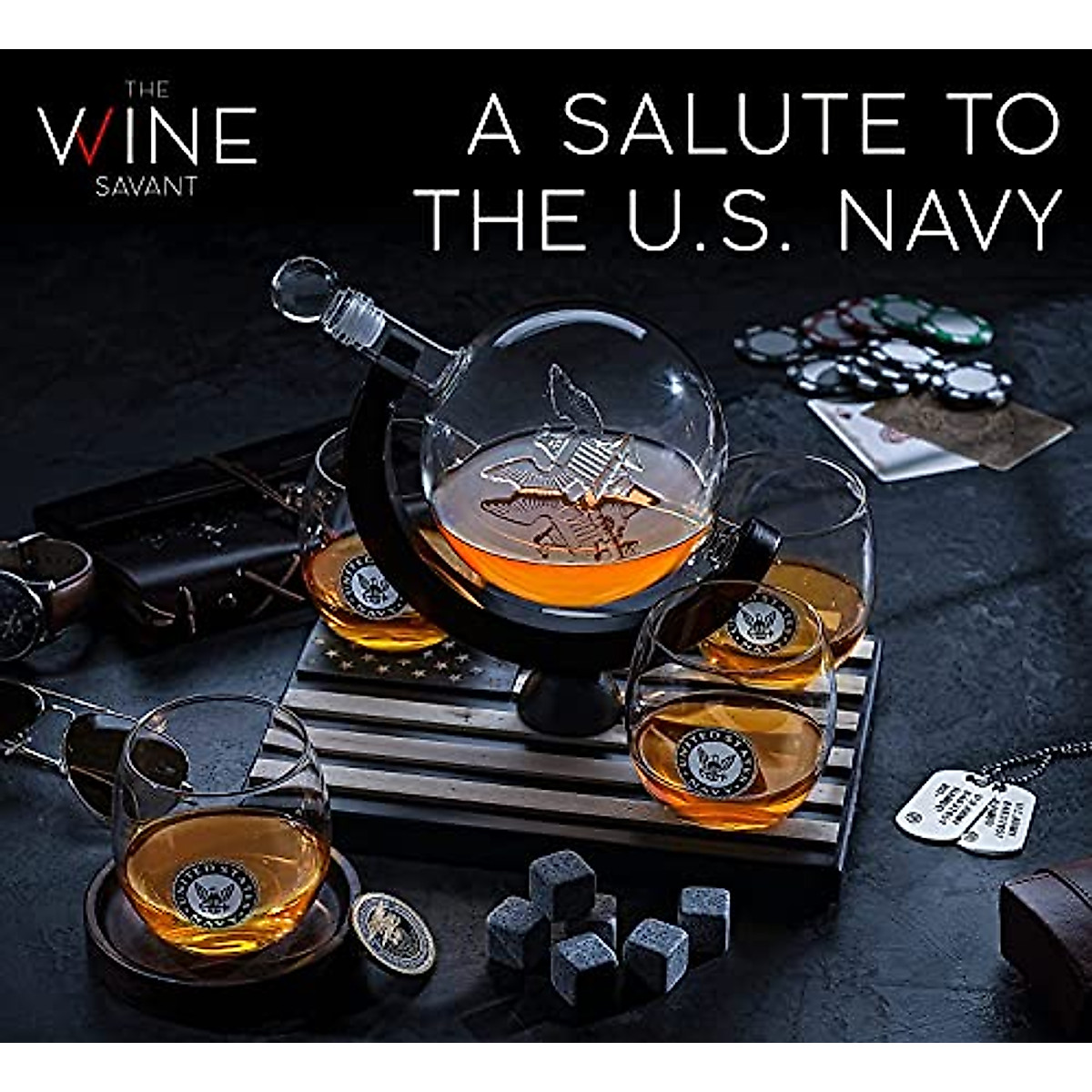 Globe Whiskey Decanter Set with 4 Liquor Glasses - Navy Whisky Decanter & Glass Set with Wood Base and 9 Whiskey Stones - Father's Day - Navy Gifts for Men - Bourbon and Scotch Military Gifts for Dad