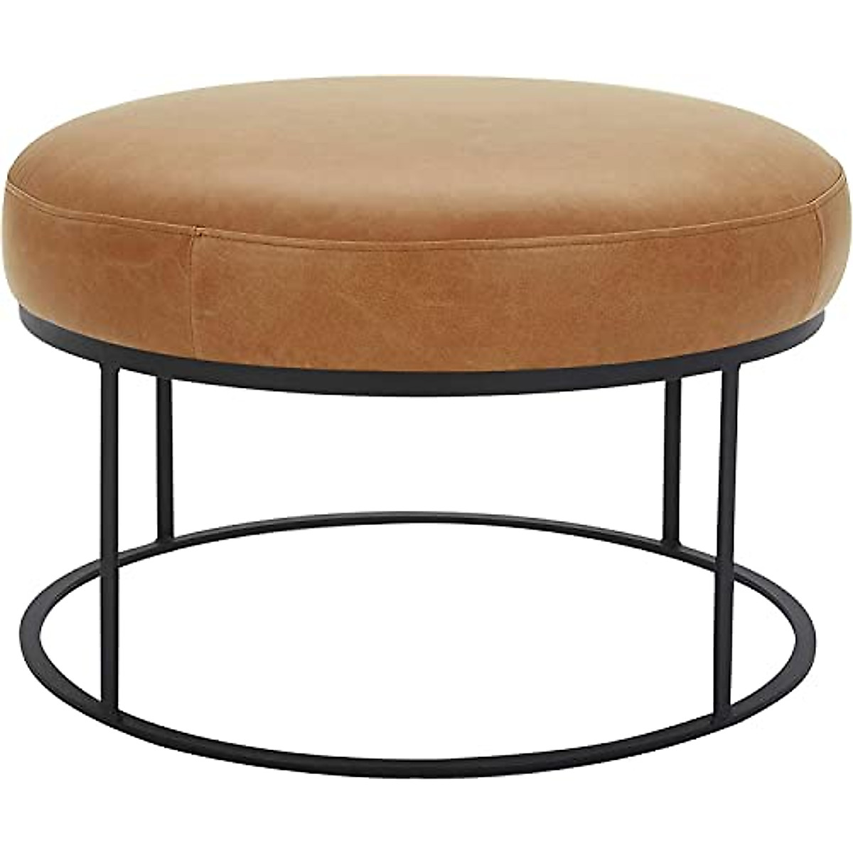 Amazon Brand – Rivet Revere Round Leather Iron-Framed Ottoman, 30.3"W, Cognac