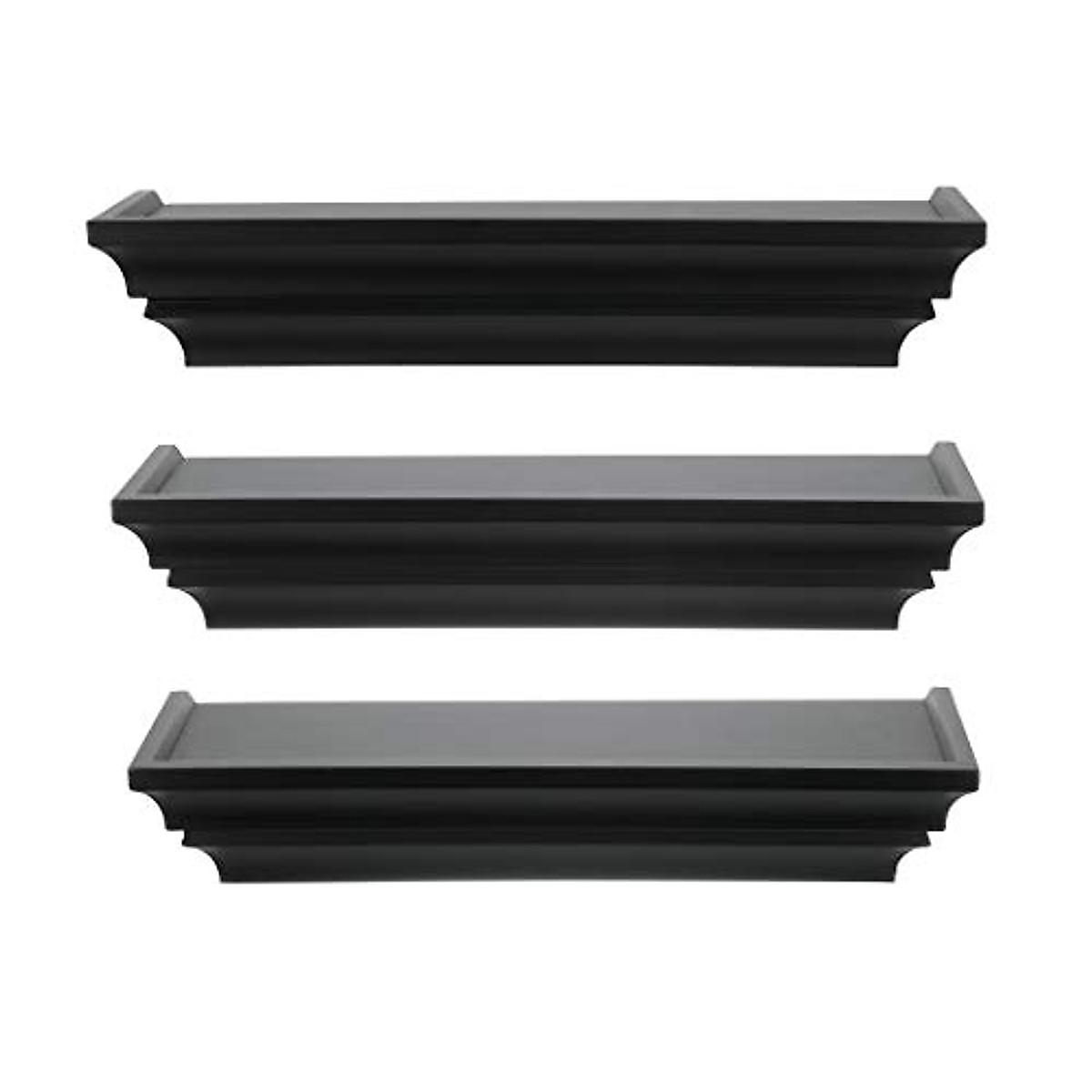 Kiera Grace Madison Classic Crown Molding Floating Wall Shelves, Robust Engineered Wood, Easy Assembly, Ideal for Home Decor, 16", Black, Set of 3