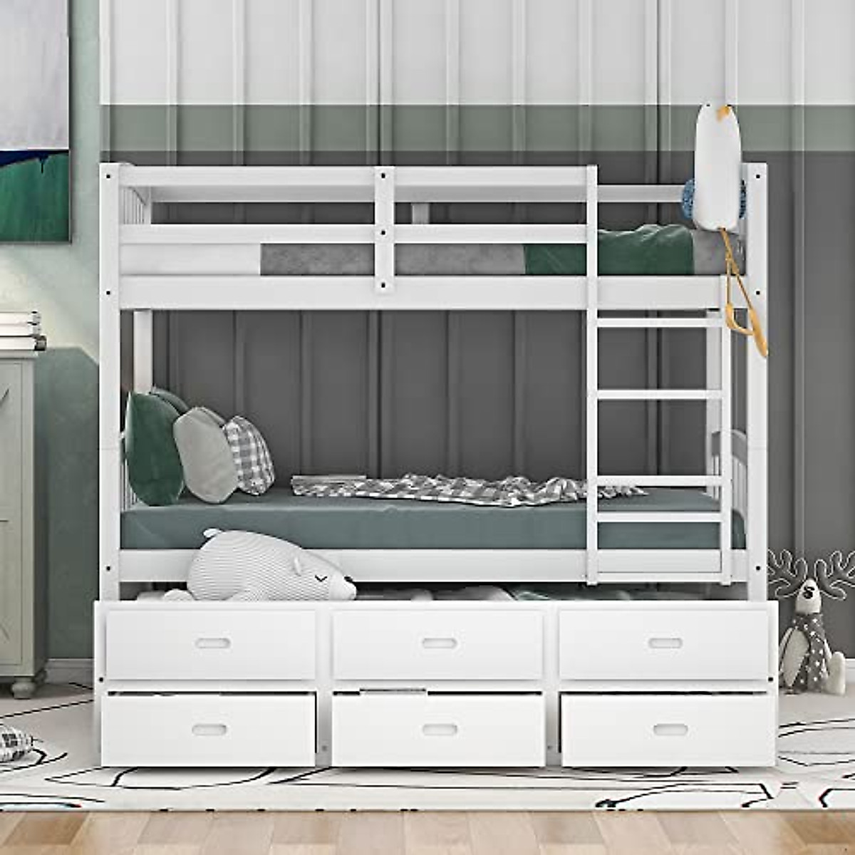 Merax Twin Over Twin Bunk Bed with Trundle and 3 Drawers, Solid Wood Bunk Bed Frame with Ladder and Full Guardrails, for Teens, White