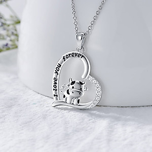MEIDERBO Cow Necklace 925 Sterling Silver I Love You Forever Heart Cow Pendant Necklace Cow Jewelry Gifts for Women Cow Lovers