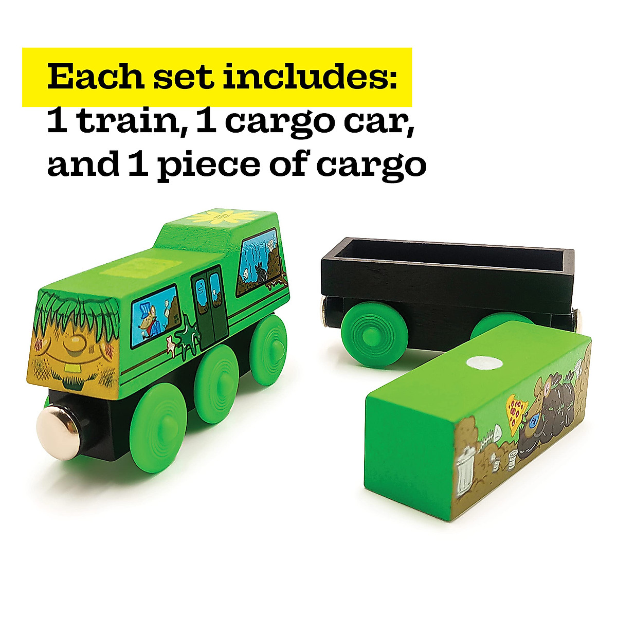 Wooden Garbage Truck Toy - Trashy Terry - Zany Trains Series 1 - Wooden Train Set with Cargo - Compatible with All Wooden Train Sets - Wooden Toddler Recycling Vehicle - Gross Trash Train