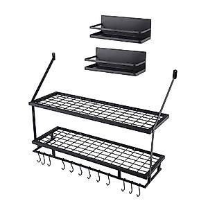 KES 30-Inch 2-Tier Kitchen Pan Pot Rack Hanging Storage Organizer with 12 Hooks and 2 Pack Magnetic Spice Rack for Refrigerator Matte Black, KUR215S75B-BK+KRR502-BK-P2