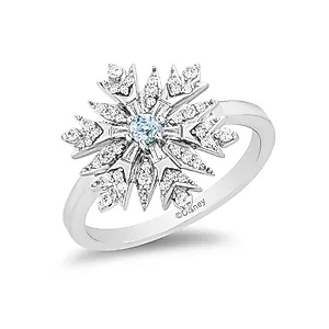 Jewelili Enchanted Disney Fine Jewelry Sterling Silver with 1/4 CTTW Diamonds and Sky Blue Topaz Elsa Snowflake Ring Size 8