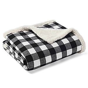 Eddie Bauer Throw Blanket with Pillow Reversible Flannel/Sherpa Bedding, Buffalo Plaid Home Decor for All Seasons, 2 Piece Set, Black/White Check