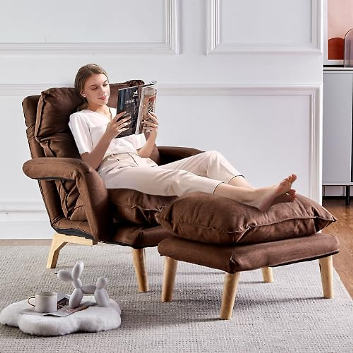 CLIPOP Modern Living Room Accent Chair with Ottoman, Comfy Linen Armchair with Adjustable Backrest(5 Angles), Solid Wood Legs, Leisure Upholstered Single Sofa Chair with Footrest, Brown