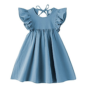 Dutebare Toddler Baby Girl Dress Cotton Linen Ruffle Halter Sleeveless Dresses Kids Summer Sundress Blue 100