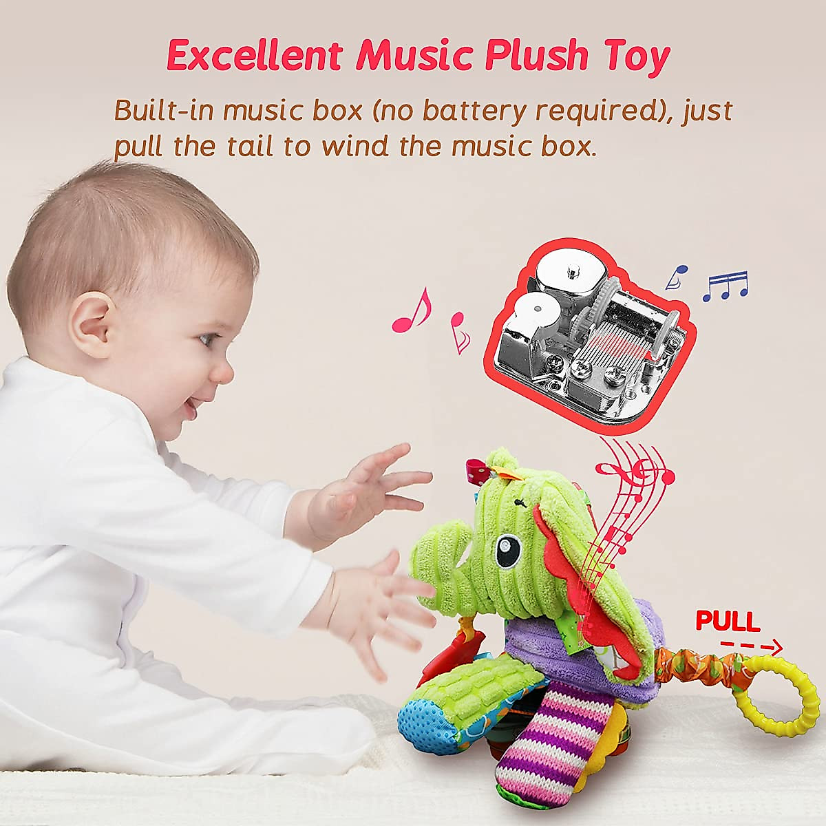 Car Seat Toys Baby Toy Infant Toy with Musical Box Stroller Toys Crib Toy Development Toy with Rattles Crinkle Teether Magic Mirror, Stroller Clip-On Carseat Cot Crib Bed Hanging Toy - Elephant