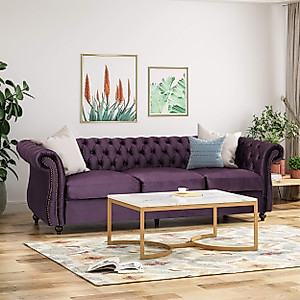 Great Deal Furniture GDFStudio Tufted Jewel Toned Velvet Sofa with Scroll Arms, BlackBerry