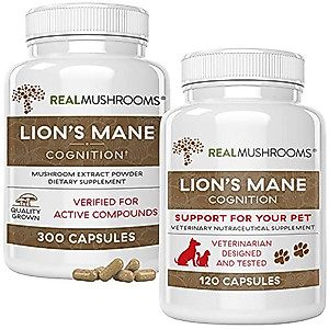 Real Mushrooms Lions Mane for Humans (300ct) and Pets (120ct) - Bundle for Cognition & Immunity - Vegan, Non-GMO, Gluten-Free, Grain-Free Mushroom Extract Supplements