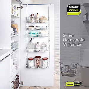 Smart Design Over The Door Adjustable Pantry Organizer Rack w/ 5 Adjustable Shelves - Steel Metal - Hanging - Wall Mount - Cans, Spice, Storage, Closet - Kitchen [White]
