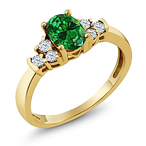 Gem Stone King 18K Yellow Gold Plated Silver Green Simulated Emerald and White Topaz Engagement Ring For Women (0.92 Cttw, Available in size 5, 6, 7, 8, 9)