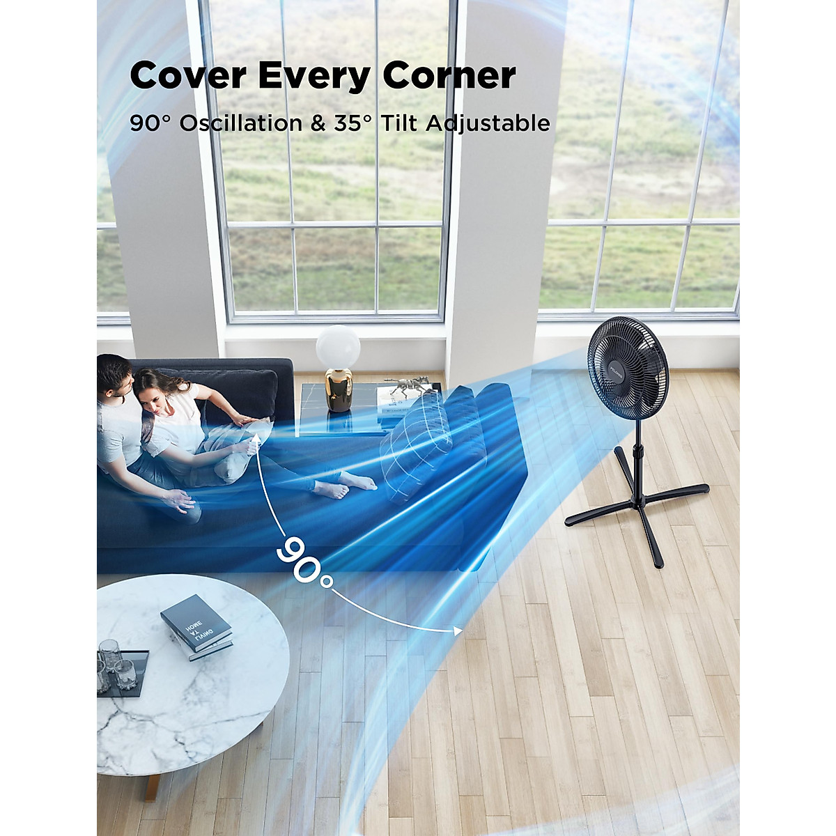 PELONIS 16‘’ Pedestal Stand Up Oscillating Fan with 3 Speeds Settings Ultra Quiet Adjustable Heights for Bedroom, Living Room, Home and Office 2 Packs Black