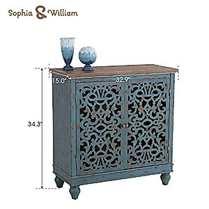 Sophia & William Accent Cabinet with Doors, Distressed Display Storage Cabinet with Wooden Frame and Hollow-Carved Floral Patterns for Entryway Living Room, Blue