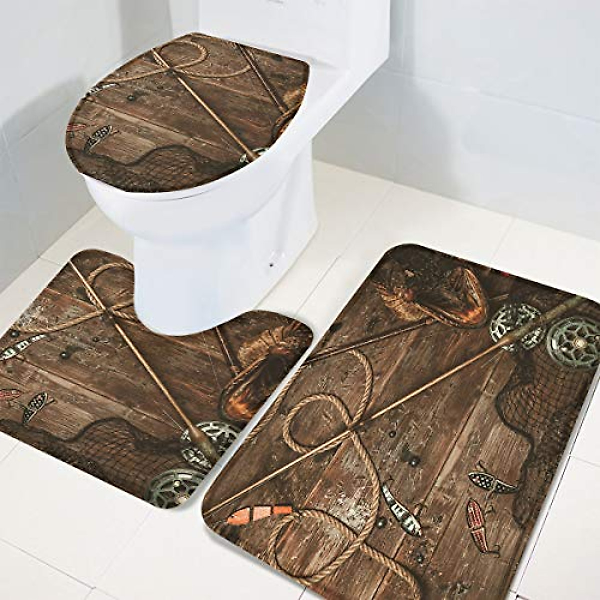 3 Piece Bath Rugs Set Non-Slip Bathroom Mats Absorbent Contour Soft Mat Toilet Lid Cover Bathroom Decor Set- Fisherman's Fishing Equipment on a Rustic Wooden Table 20"x32"+16"x18"+16"x20"
