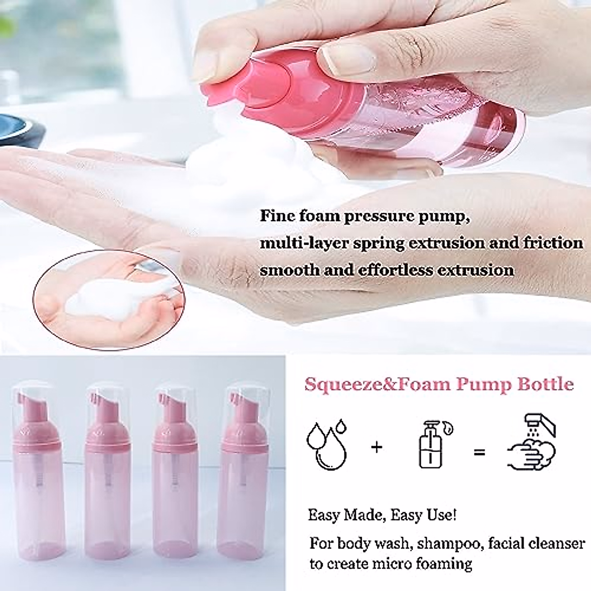 AREMOD 4Pcs 2 oz Lash Shampoo Foaming Bottle Empty Foaming Soap Dispenser Plastic Refillable Travel Pump Bottle for Hand Soap, Shampoo for Toiletries(Pink)