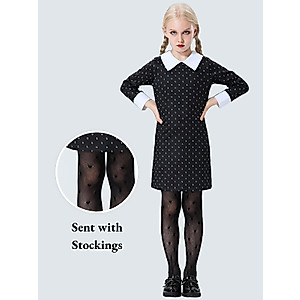 Mebius Toddler Black Long Sleeve Peter Pan Contrast Collar Dress Little Girls Vintage Tunic Knit Dresses Casual Church Funeral Black Floral Pattern 4Y