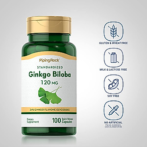Piping Rock Ginkgo Biloba Supplements 120mg | 100 Capsules | Standardized Extract | Non-GMO, Gluten Free