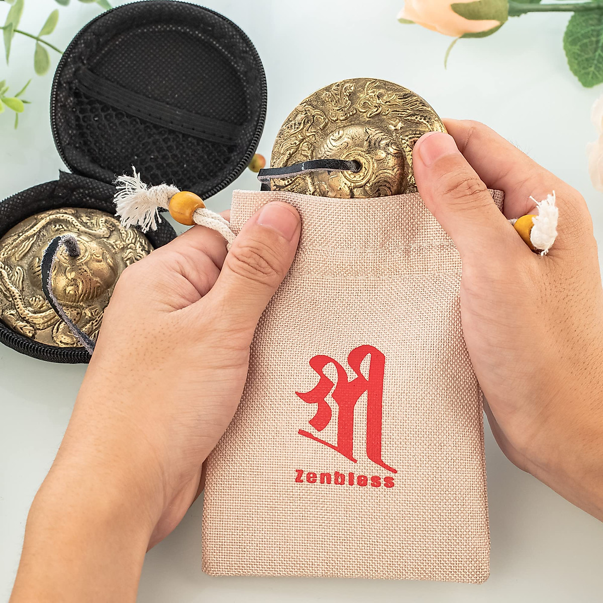 ZenBless Tibetan Dragon Embossed Tingsha Cymbals 2pcs, with Storage Box and Fabric Case, Meditation Brass Chime Bells for Spiritual Healing Mindfulness, Yoga Buddhist, Relaxation Musical Instruments