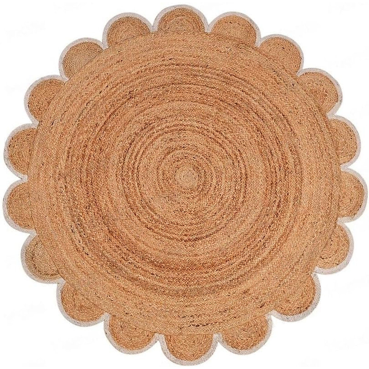 Laxmi Exports 4x4, 5x5, 6x6,feet Natural Jute Scallop Round Rug, Floor Scalloped Edge Rug Braided Boho Eco Large Circular Handmade Area Rugs (WHT_3x3)