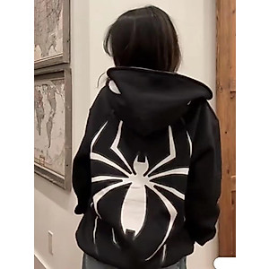 Obenie Y2k Spider Print Hoodies Hip Hop Zipper Long Sleeve Jacket Coats Harajuku Casual Loose Hooded Sweatshirt (white,L,Large)