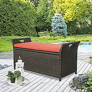Patio Wicker Storage Bench Outdoor Rattan Deck Storage Box with Cushion (Terracotta)