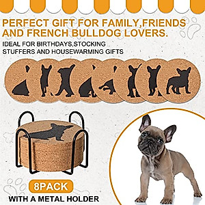 Set of 8 French Pit Bull Cork Drink Coasters Absorbing Dog Coasters Fun Frenchie Gifts for Women Kitchen Bar Coasters with Metal Holder for Home Kitchen Decor Table Mug Glass Cup Place Mats Dog Lovers