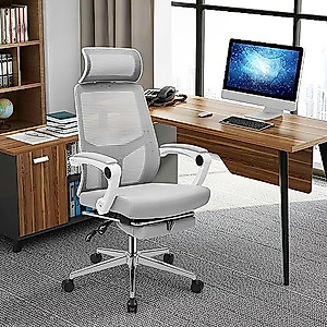 Ergonomic Office Chair with Footrest, High Back Mesh Gaming Desk Chair with Headrest, Swivel Rolling Home Chair with Lumbar Support and Flip-up Armrest, Grey