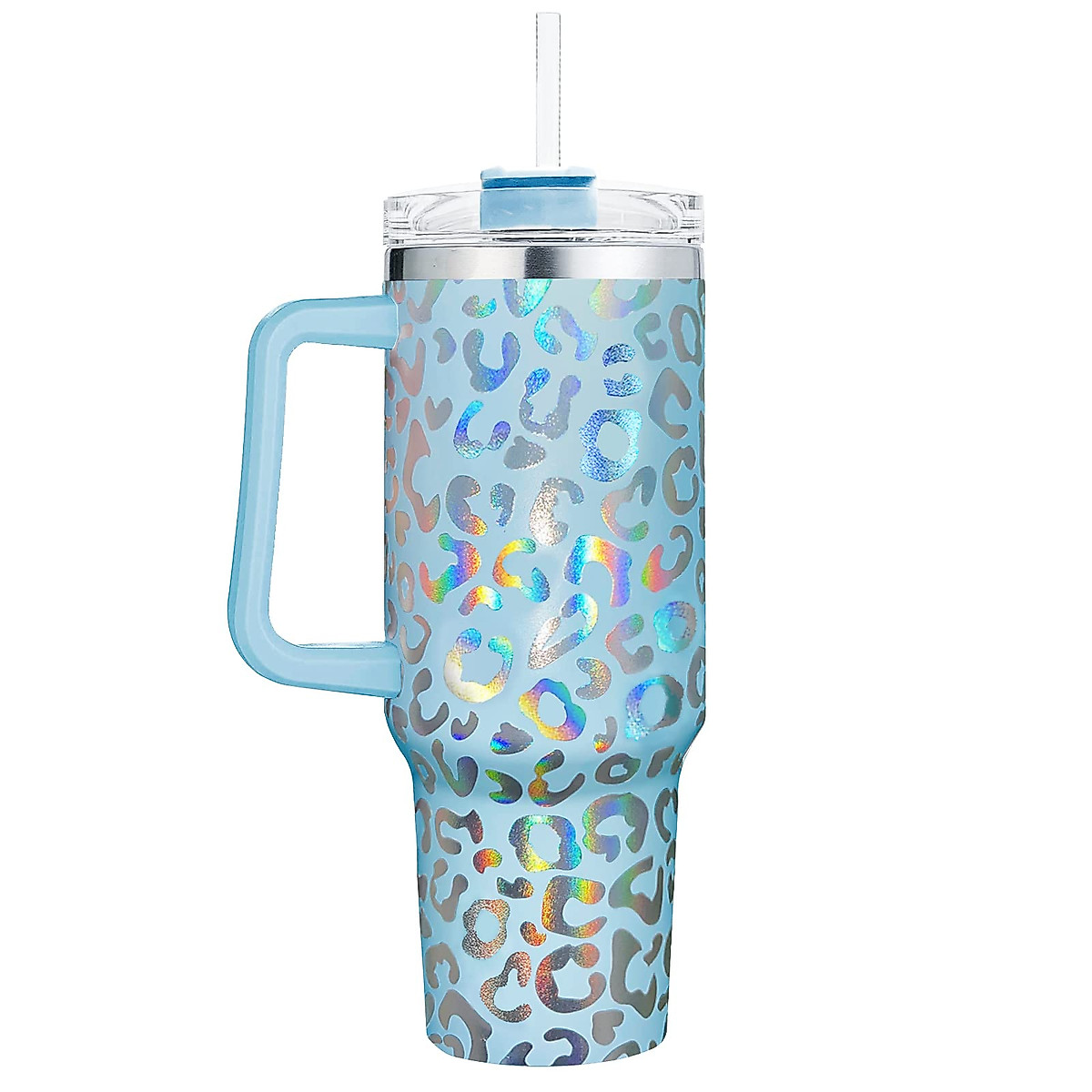 omezin 40 oz Tumbler with Handle Holographic Glitter Leopard 40oz Tumbler with Lid Straw Double Insulated Travel Coffee Mug