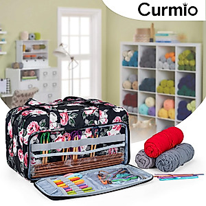 CURMIO Yarn Storage Bag, Knitting Tote Bag For Crochet Hooks, Knitting Project and Accessories, Ideal for Crochet Beginners and Knitting Lovers, Bag Only, Black Flower