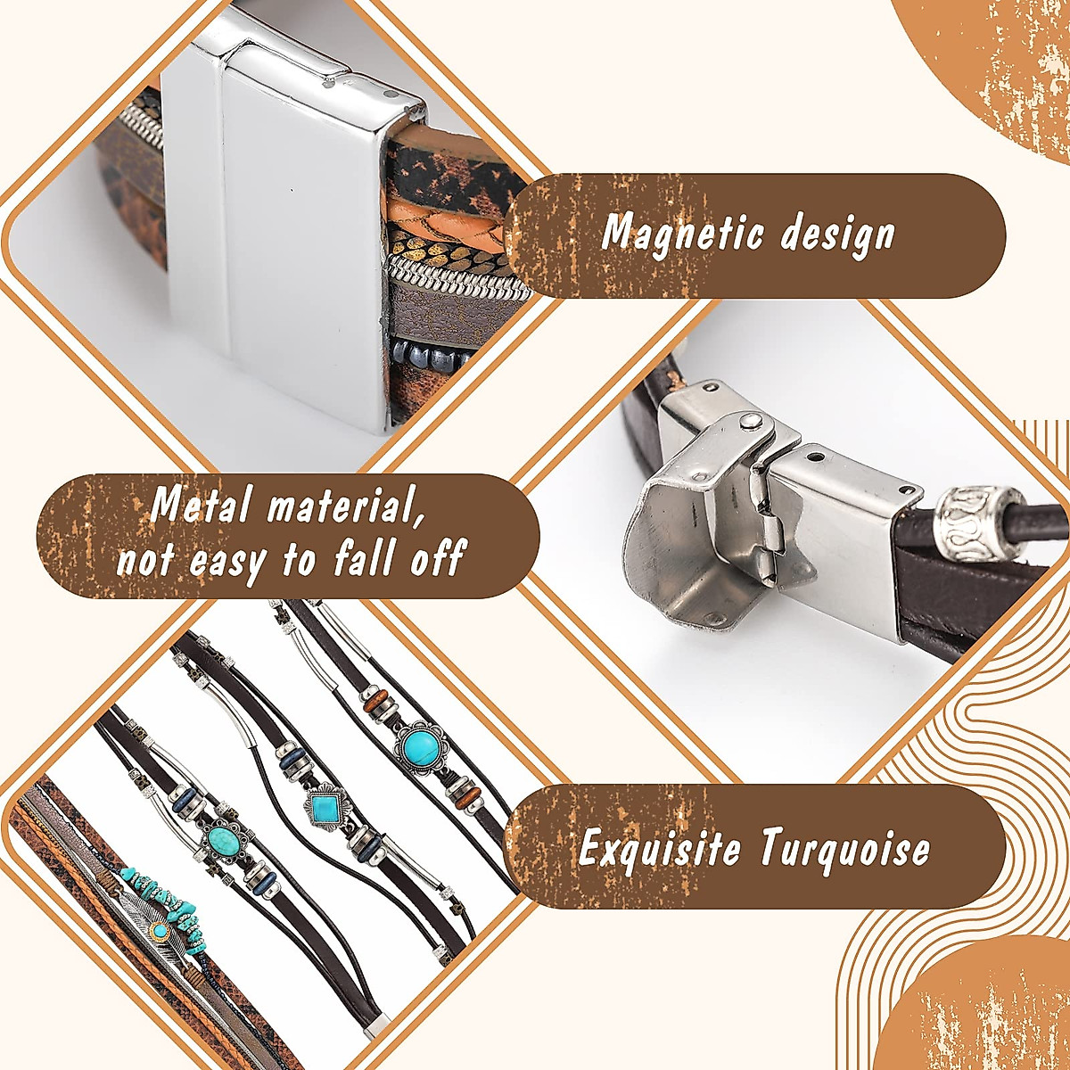 Glenmal 4 Pcs Boho Leather Bracelet Turquoise Cuff Leather Bracelet Western Jewelry Gifts for Women Multilayer Layer Wristband Turquoise Bangle for Women(Vintage)