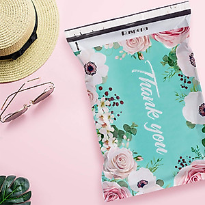 RUSPEPA 14.5x19 Inch Poly Mailers Shipping Bags Thank You Notes Flowers Surrounded Teal Poly Mailers 3 Mil Heavy Duty Self Seal Mailing Envelopes - 50 Pack