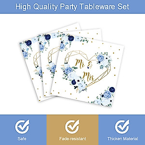 24 Guests Mr and Mrs Bridal Shower Party Supplies, Blue and White Flowers Hearts Geometric Party Plates Napkins Forks Set for Couple Wedding Bride to Be Engagement Party Decorations