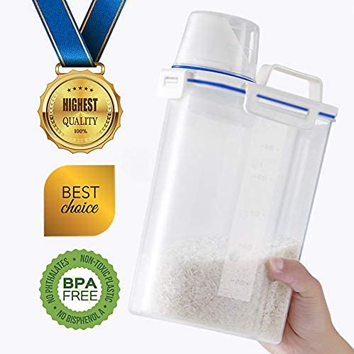 Airtight Rice Containers, BPA Free 3L Bin Dispenser with Pouring Spout, Measuring Cup for Cereal, Flour and Grain, Include a Stainless Steel Whisk and a Rice Spoon