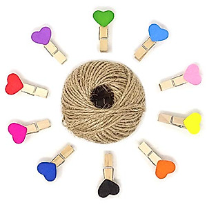 HONBAY 50PCS 3.5cm Mini Heart Shaped Wooden Clothespins Colored Craft Clips with 100 Feet Natural Jute Twine for Wedding Party Decoration